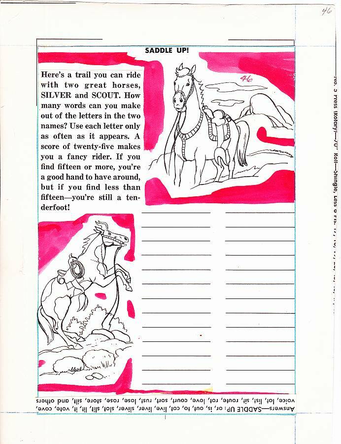 Original art of TONTO - 4 pages from a 1960s LONE RANGER coloring book ...