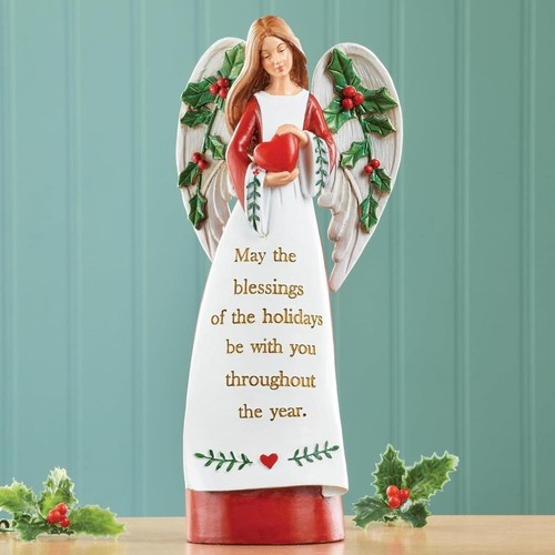 Holly Berry Christmas Angel Figurine with Holiday Blessings Wish Poem 9 ...