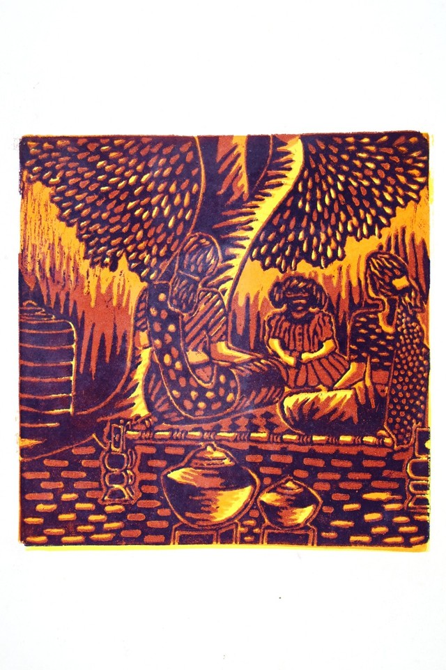 Vintage Lino Printing Indian Women Sitting Under Tree Linocut By ...