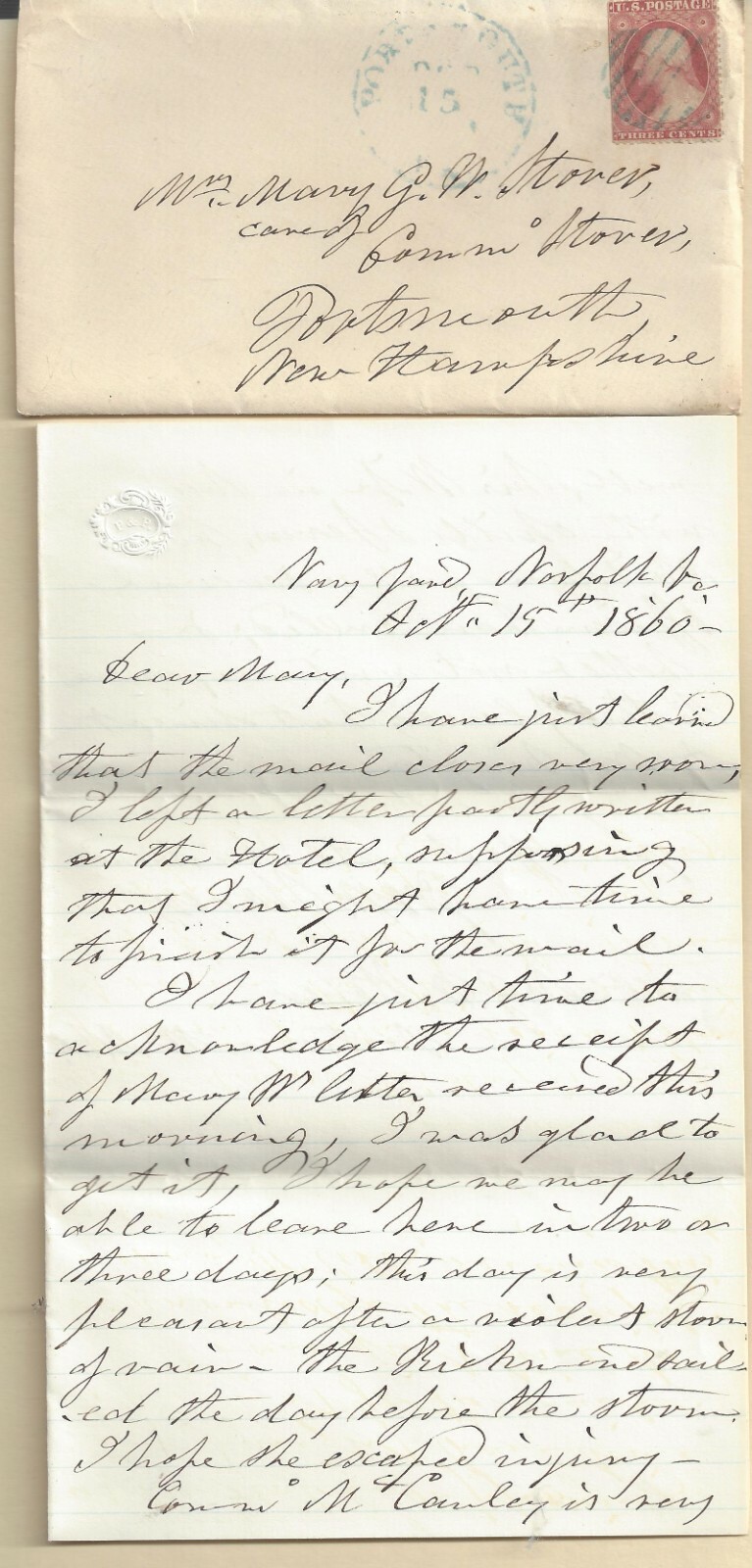1860 Letter from Commodore George W Storer US Navy Yard Norfolk Va to ...