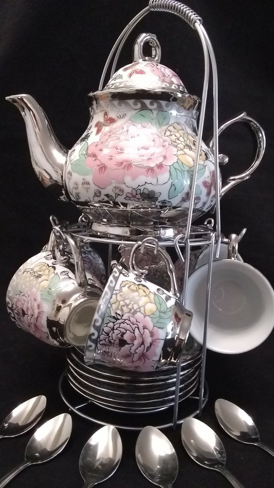 20 Piece Tea Set Tea Pot 6 Cups w Saucers w/ Rack Silver Multi Style 3 ...