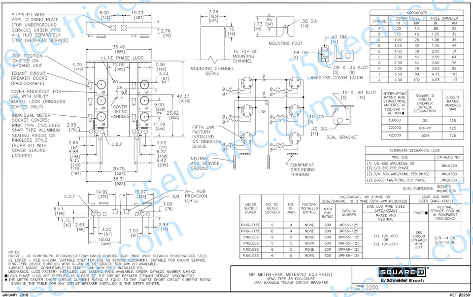 Square D SCHNEIDER MP55125 500 Amp 5 Gang 125A Meter Socket 1PH OH/UG ...