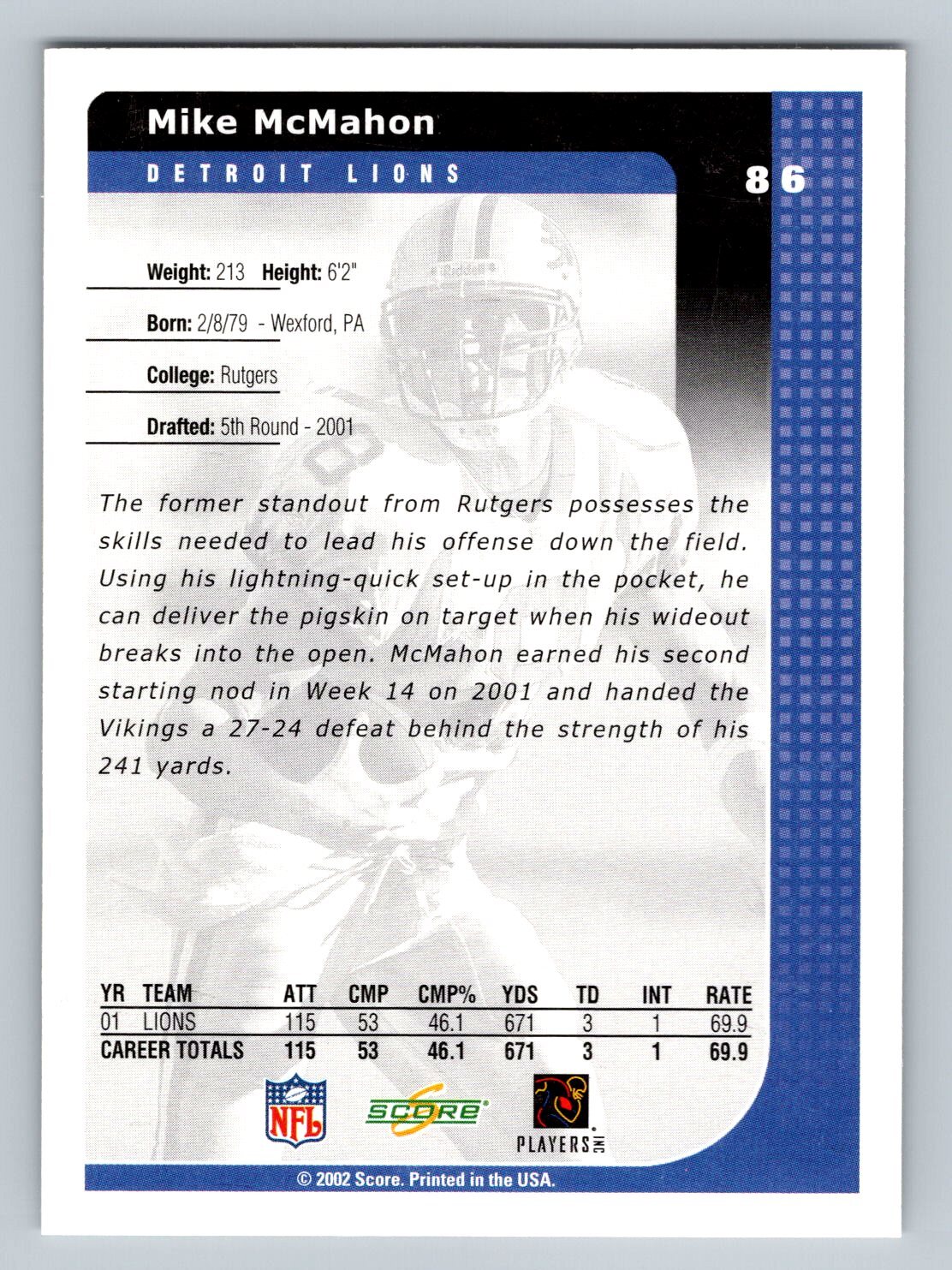 Mike McMahon 2002 Score #86 Detroit Lions Football Card | eBay