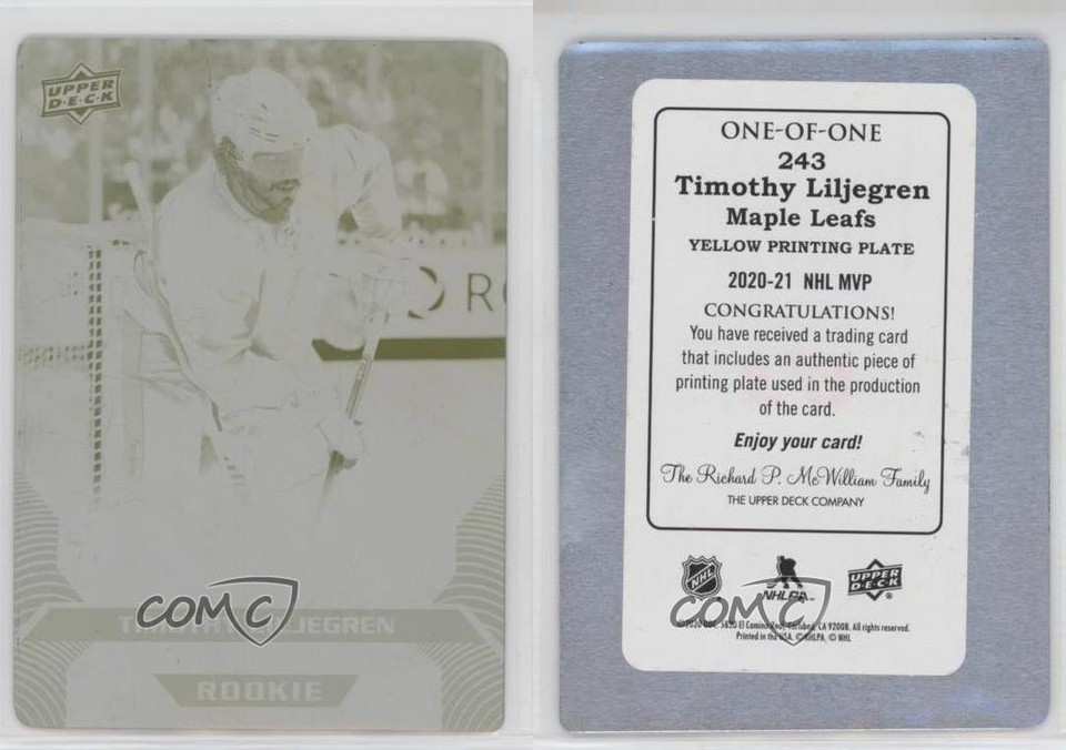 2020-21 Upper Deck MVP Printing Plate Yellow 1/1 Timothy Liljegren ...