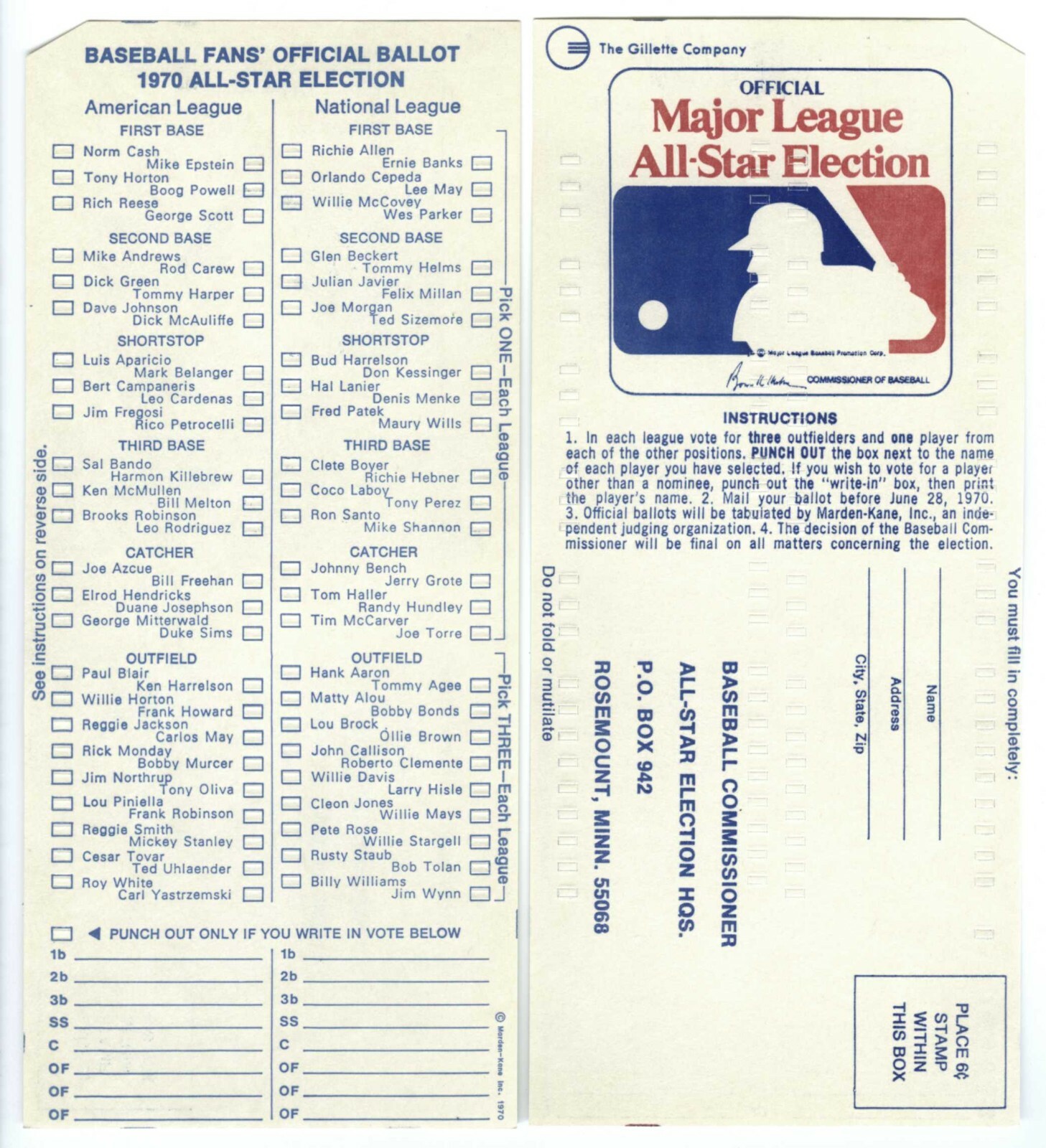 1970 MLB ALL-STAR BASEBALL GAME RARE UNUSED BALLOT at CINCINNATI REDS ...
