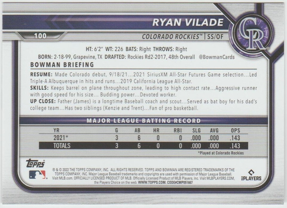 2022 Bowman #100 Ryan Vilade RC - Colorado Rockies | eBay