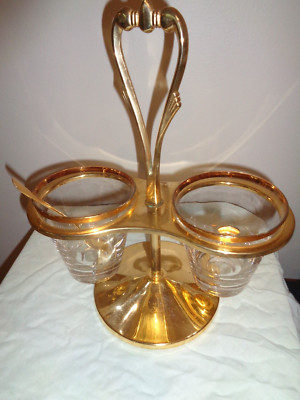 Vintage 5 Pieces Golden Gold Tone 2 Glass Cups & 2 Spoons Condiment ...