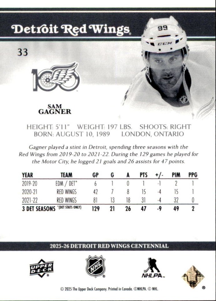 Sam Gagner 2025/26 Upper Deck Detroit Red Wings Centennial Card #33 | eBay