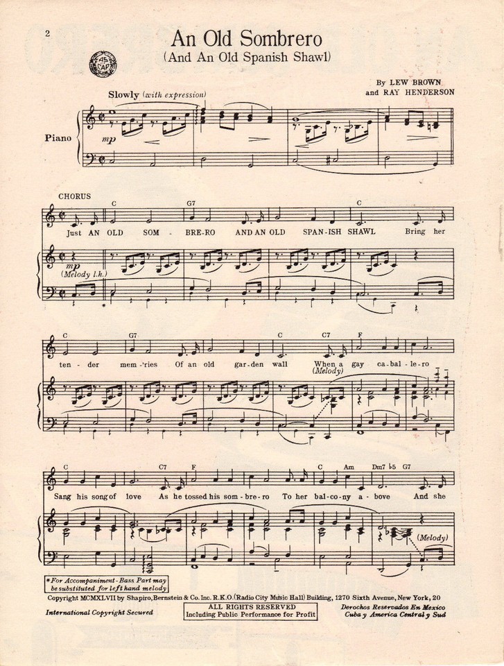 AN OLD SOMBRERO (AND SPANISH SHAWL) Music Sheet-1947-BUDDY CLARK-NICK ...