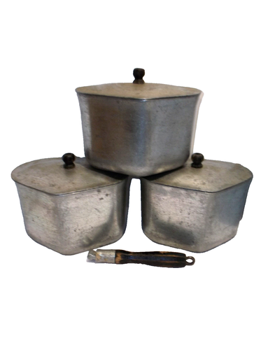 Set of 3 Vtg SUPER MAID Cast Aluminum Triangle Cookware w/Lids & 1 wood ...