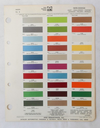 1970 DODGE PPG COLOR PAINT CHIP CHART ALL MODELS MOPAR CHARGER ...