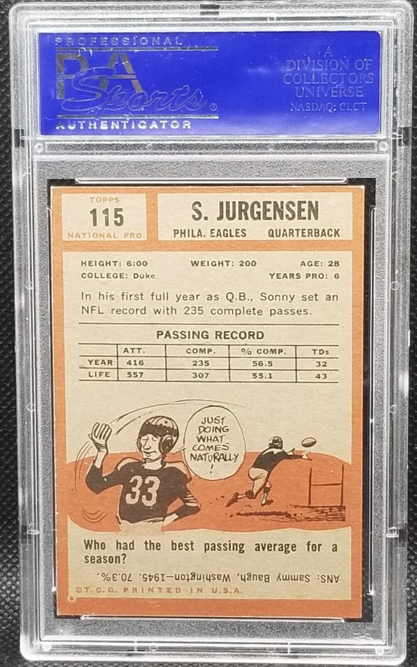 1962 Topps, PSA 6, SONNY JURGENSEN, #115, Philadelphia Eagles, PSA 6 ...