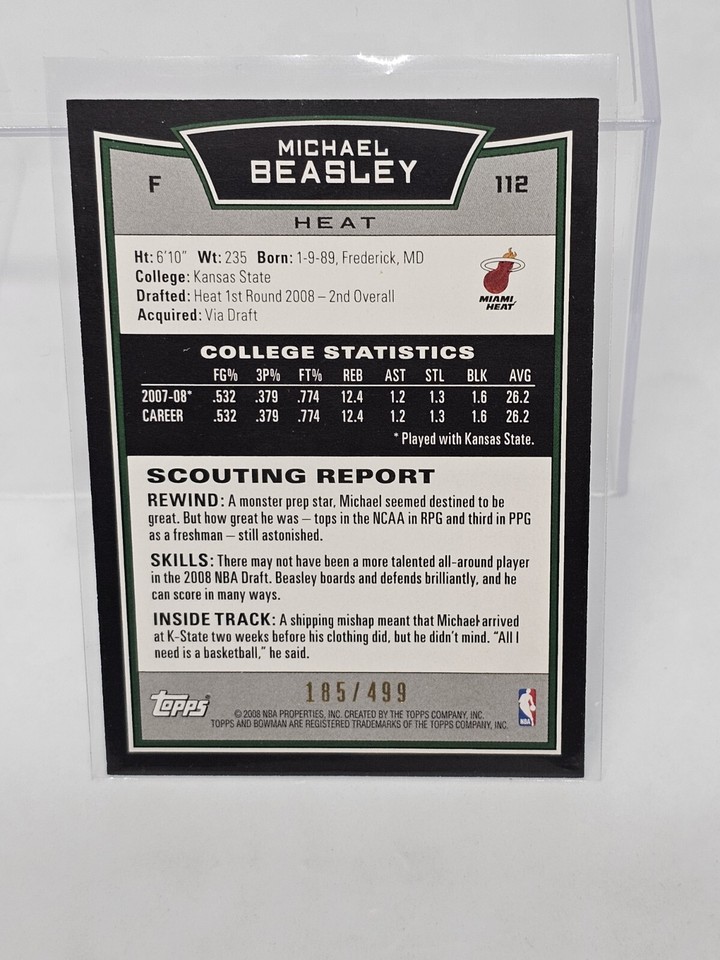 2008-09 Bowman Draft Picks & Stars NBA Card Blue /499 Michael Beasley ...