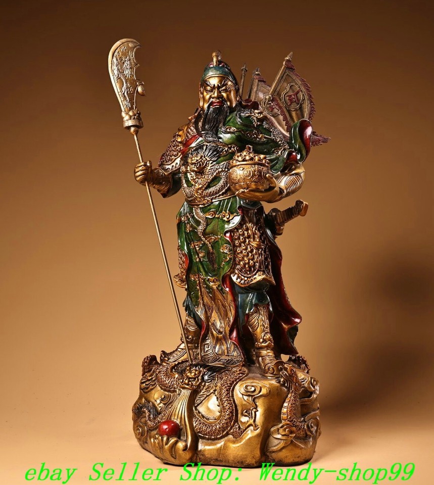 Old Chinese Dynasty Copper Gilt Painting Dragon Guan Gong Yu Warrior ...