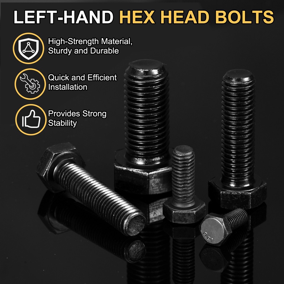 2Pcs M12-1.75 x 45mm Left Hand Hex Head Bolt, Black Oxide Carbon Steel ...