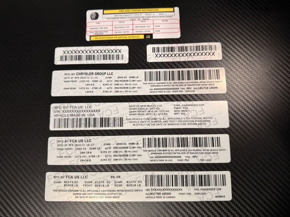 FCA JEEP DODGE CHRYSLER VIN Sticker Decal Tire Loading Information ...