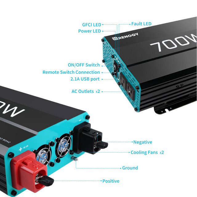 Renogy 700W Pure Sine Wave Inverter 12V DC to 120V AC Converter Remote ...