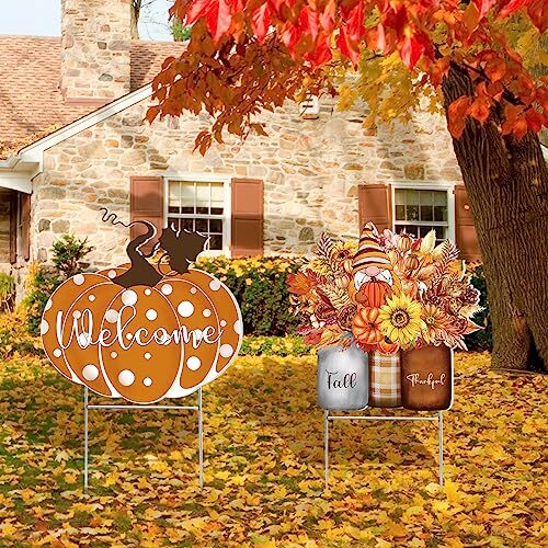 2 Set Fall Yard Signs Thanksgiving Pumpkin Welcome Sign with Stakes 15. ...