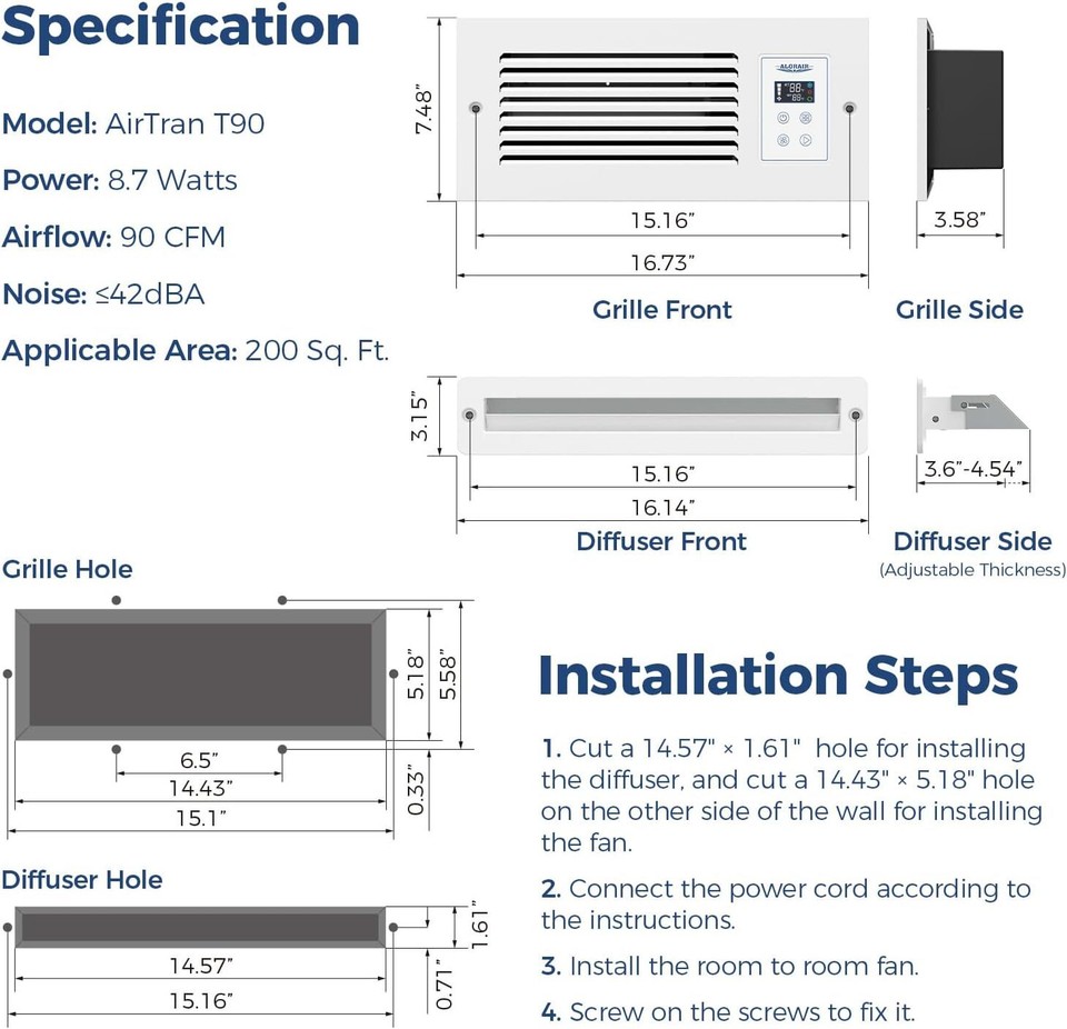 ALORAIR Room-to-Room Air Transfer Fan Through Wall Vent Fan with ...