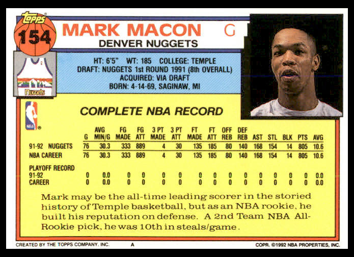 1992 Topps #154 Mark Macon Denver Nuggets | eBay