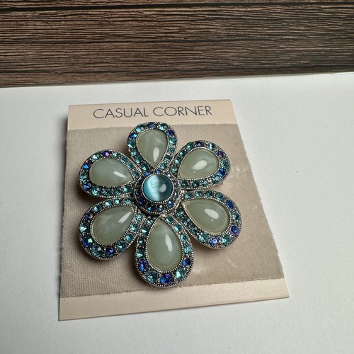 Casual Corner Flower Blue Rhinestone & Cabochon Brooch Pin Silver Tone ...
