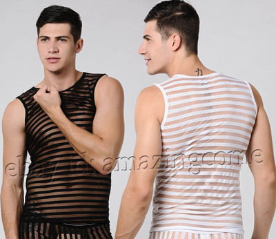 Men See-through Mesh Tank Top Underwear Stripe Transparent T-Shirt Vest ...