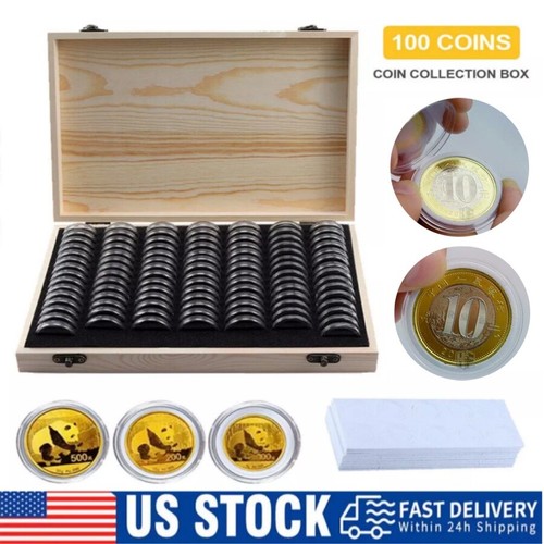 100 PCS Coin Capsules Storage Box with Wooden Case Holder Collection ...
