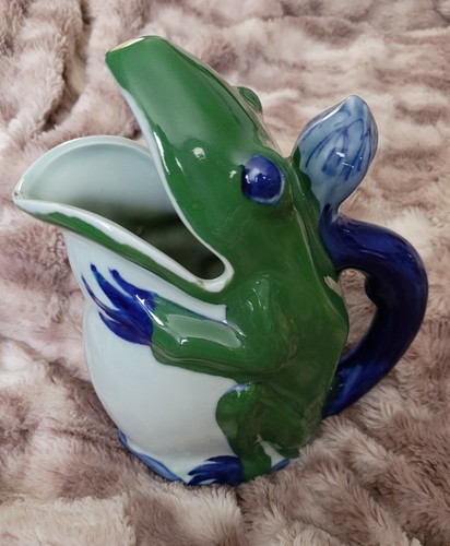 Vintage Ceramic Green And Blue Frog Pitcher With Handle, WCL China, 8. ...