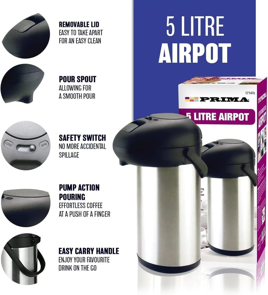 STAINLESS STEEL AIRPOT FLASK THERMOS DRINKING SERVING FLASKS 3L 5L ...