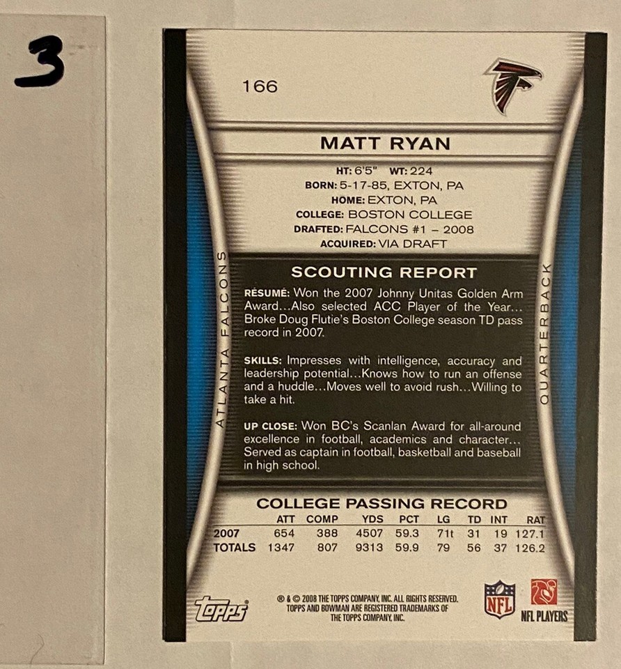 2008 Bowman #166 Matt Ryan ROOKIE CARD RC ATLANTA FALCONS BC EAGLES | eBay