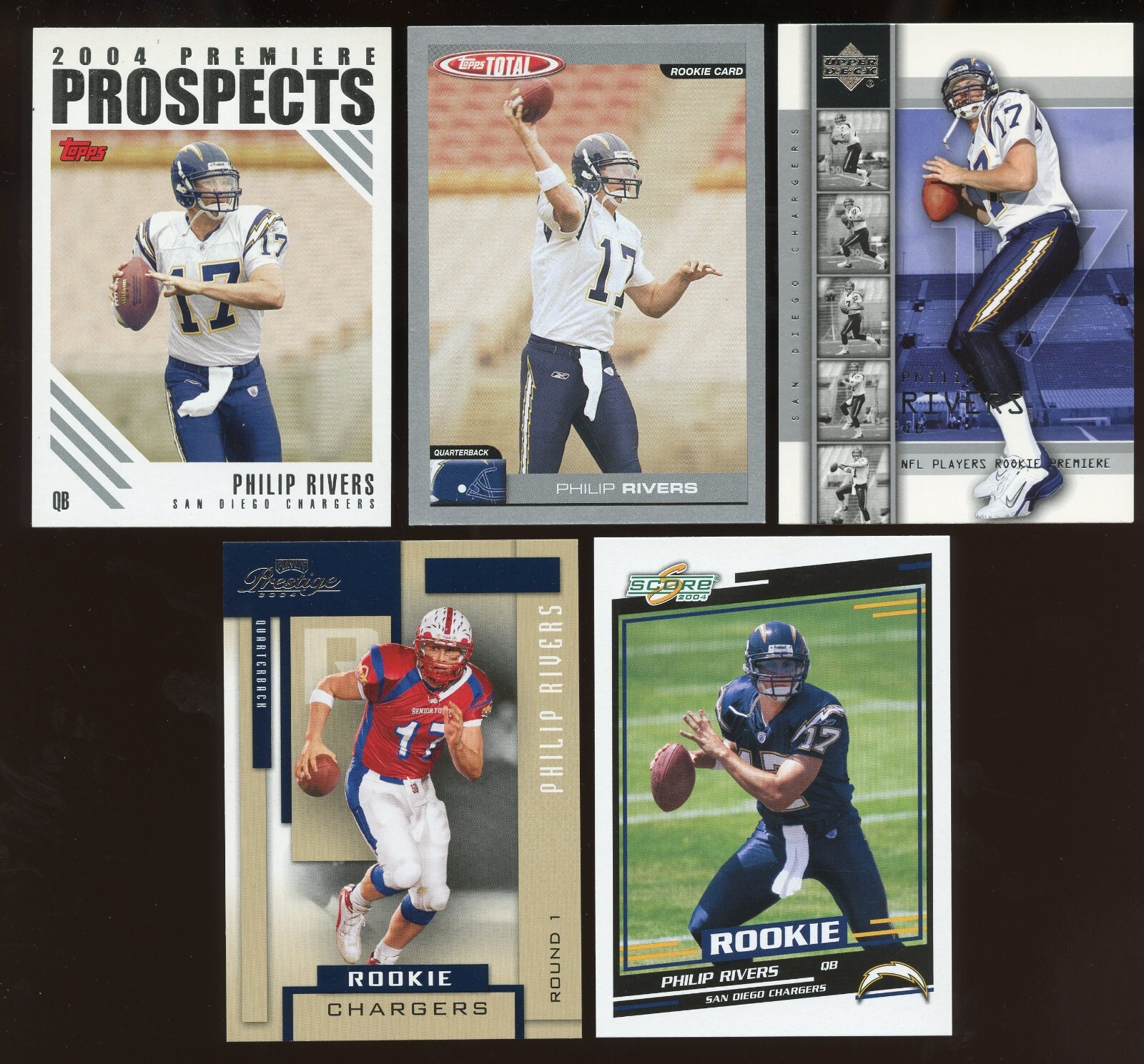 (5) 2004 Topps,Score,Upper Deck PHILIP RIVERS Rookie Football Card LOT ...
