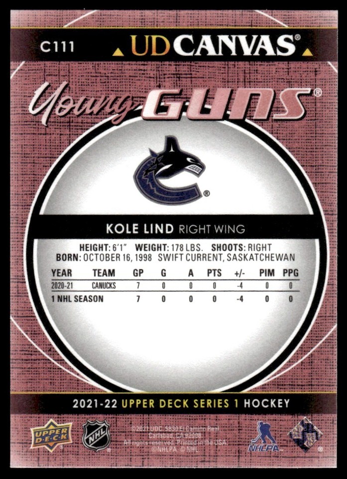 2021-22 Upper Deck UD Young Guns Canvas Kole Lind Rookie Vancouver ...