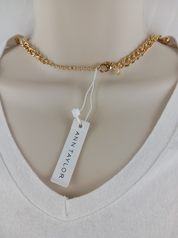 ANN TAYLOR Gold Tone Chain Link With Beads Fashion Statement Necklace ...