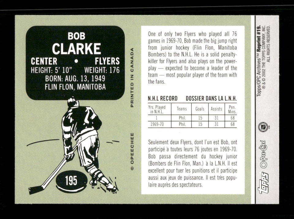 Bobby Clarke 2001-02 Topps / O-Pee-Chee Archives Rookie Reprints #19 | eBay