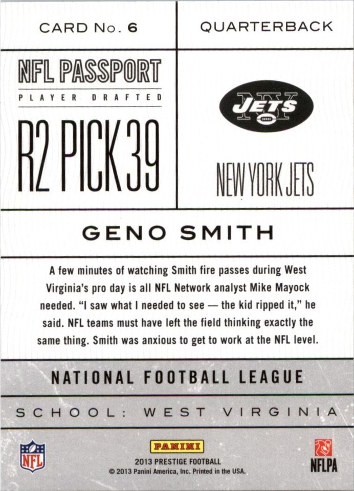 2013 Prestige NFL Passport #6 Geno Smith Jets Seahawks Football Rookie ...
