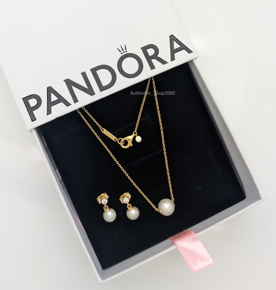 NEW 100% PANDORA Gold P Pearl Stone Necklace Earrings Jewelry Gift Set ...