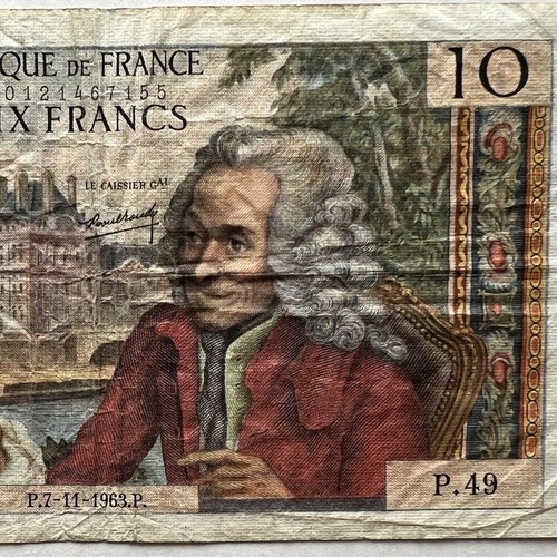 FRANCE 10 FRANC 7 NOV 1963 VOLTAIRE FRENCH GENUINE PAPER MONEY ORIGINAL ...