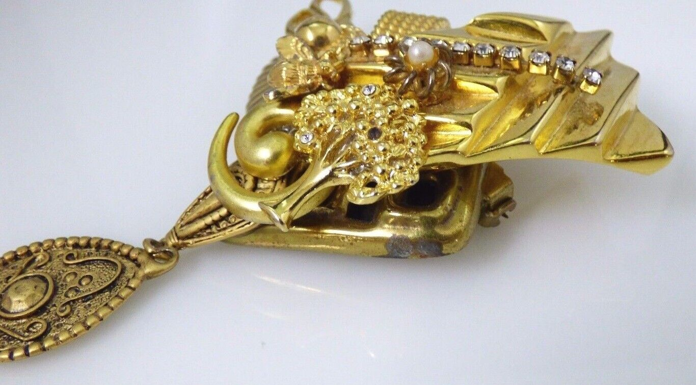 Vintage Abstract Brooch Pin Handmade Recycled Gold Tone Metal Retro ...