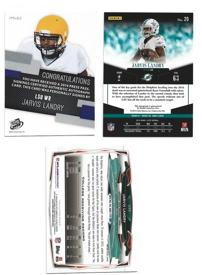 Former NFL Great WR Jarvis Landry 3 Card Lot w/2 Auto RC's & Topps ...