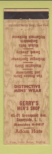 Matchbook Cover - Gerry's Men's Clothes Adam Hats Sunnyside LI NY | eBay