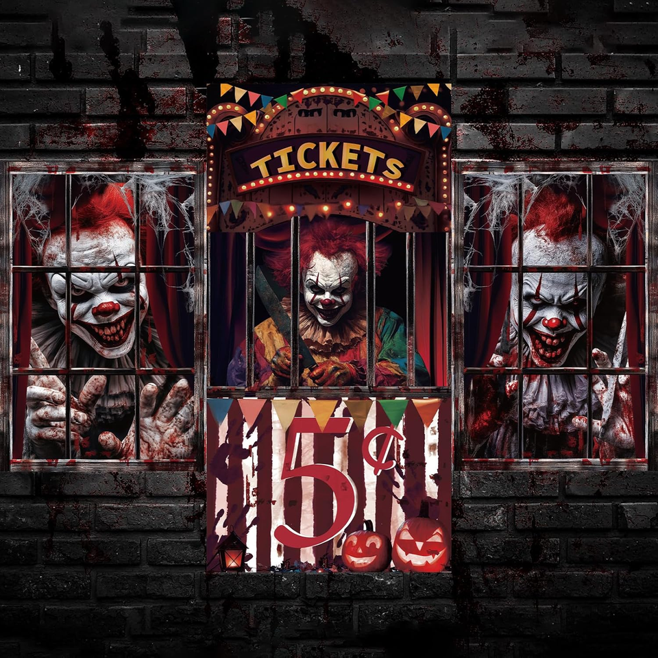 3 Pcs Halloween Circus Window Door Covers Carnival Creepy Clown Ghost ...