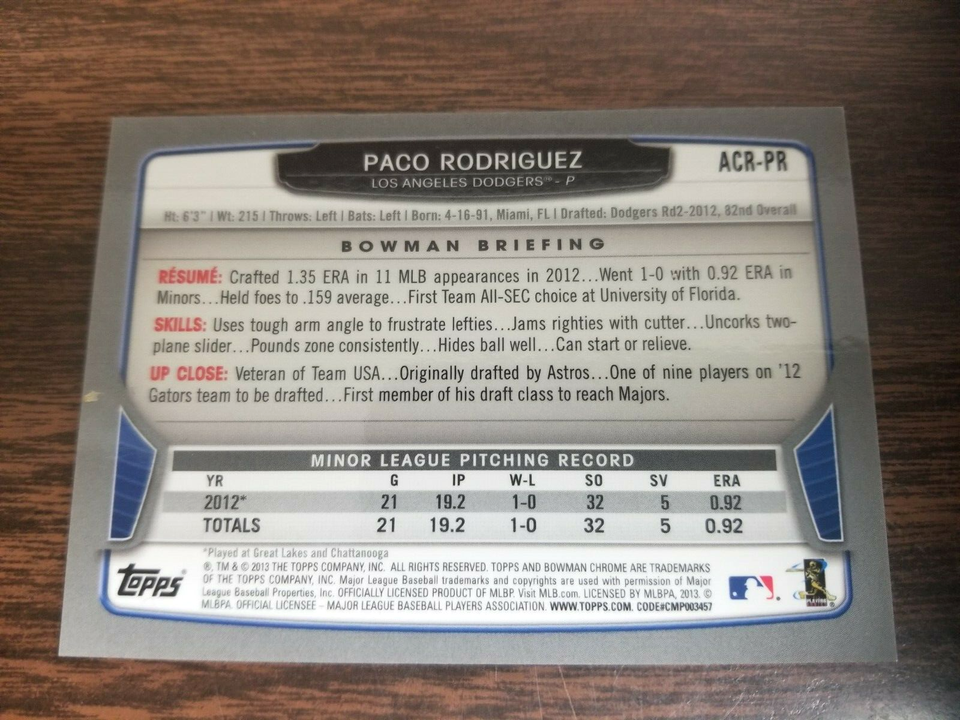 PACO RODRIGUEZ 2013 BOWMAN CHROME CARD #ACR-PR DODGERS (ROOKIE ...
