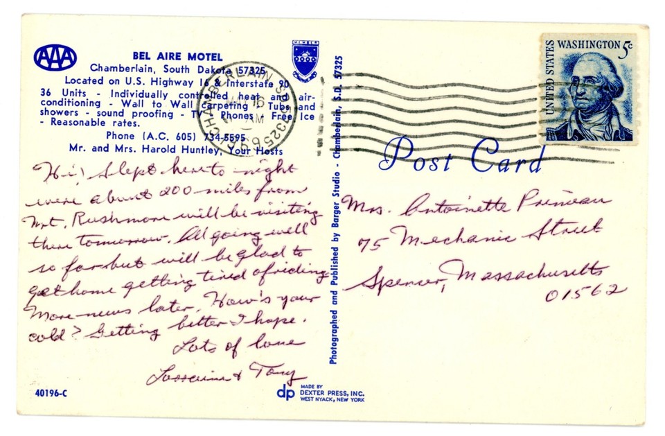 May 16, 1969 Bel Aire Motel, Chamberlain, South Dakota Postmarked Postcard | eBay
