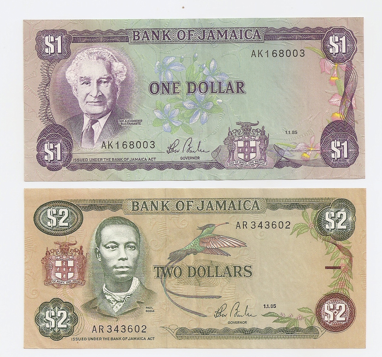 2 Bank of Jamaica Bank Notes ~ $1 & $2 Bills ~ 1.1.85 | eBay