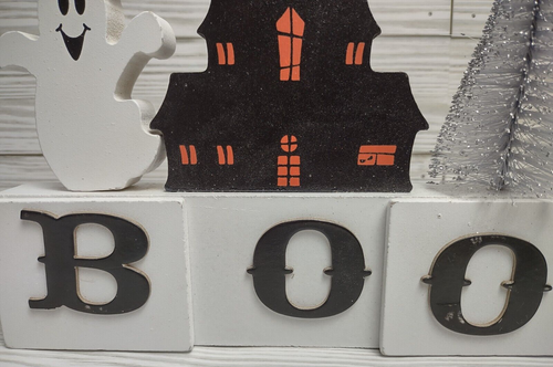 Ghost Boo Halloween Village Decor Wood Haunted House Tinsel Tree ...