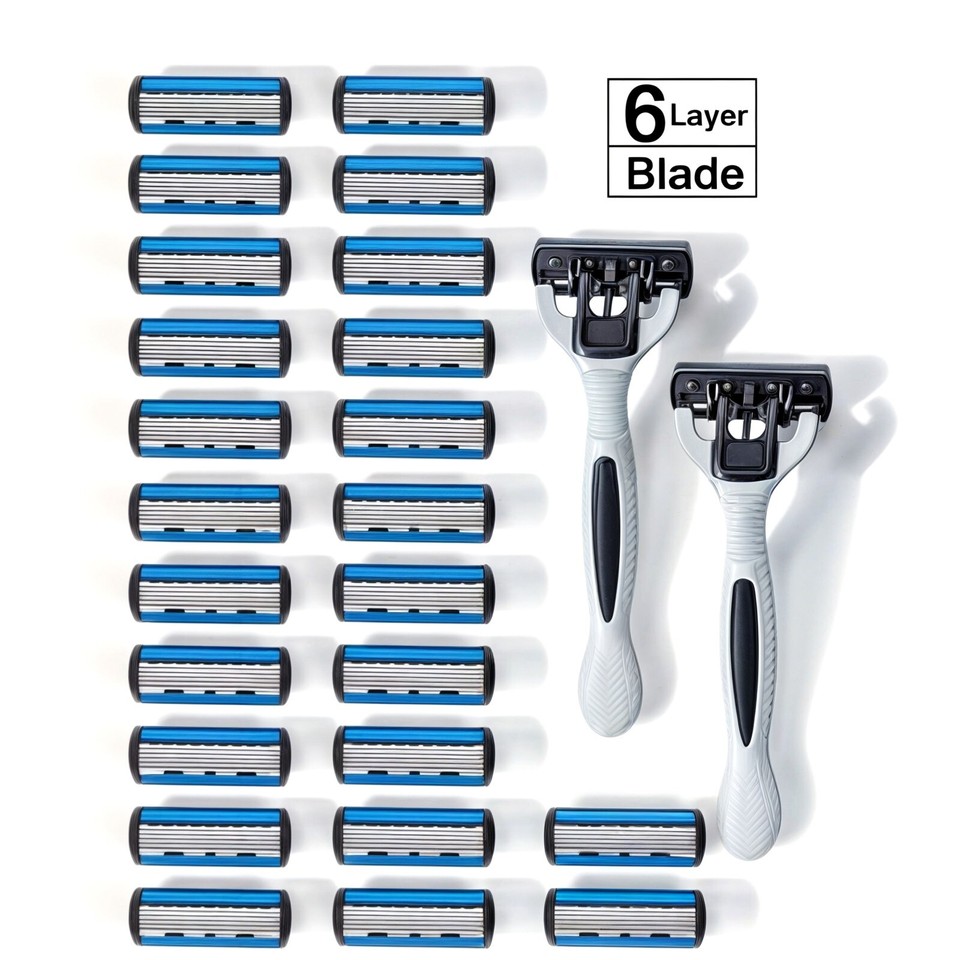 24 Stainless Steel 6 Blade Shaving Disposable Razors with 2 Handles for ...