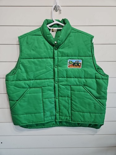 Vtg John Deere Green Trucker Tractor Work Farm Western Puffy Vest Mens ...