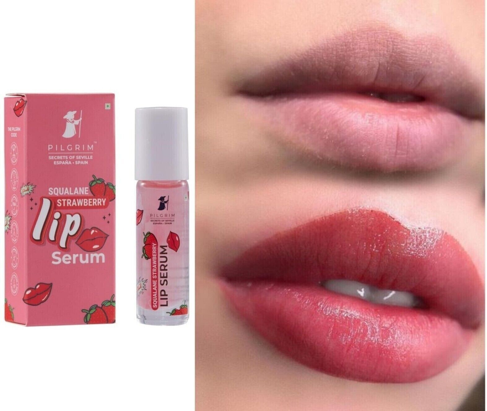 Pilgrim Squalane Lip Serum (Strawberry) with roll-on for Visibly Plump ...