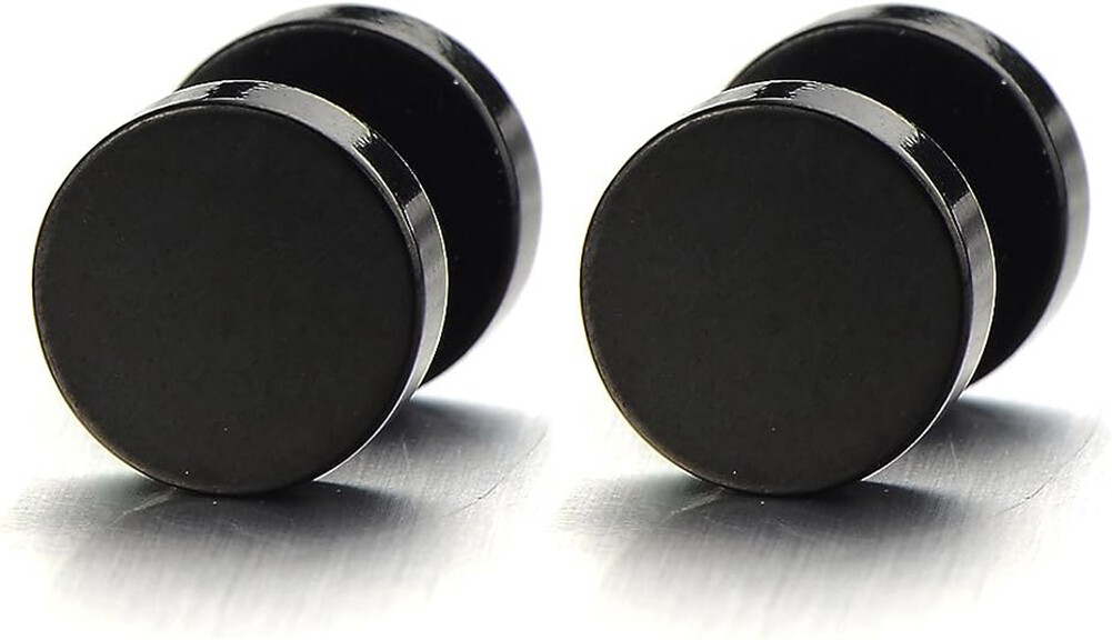 Black Ear Studs Stainless Steel Earring Faux Gauges Ear Tunnel Barbell ...