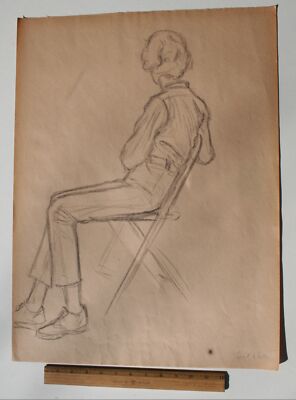 ORIG. STUDIO ART CHARCOAL SKETCH SEATED MALE STUDENT BACK VIEW, ROBERT ...